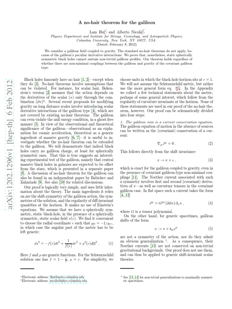 A No-Hair Theorem For The Galileon | PDF | Black Hole | Differential ...