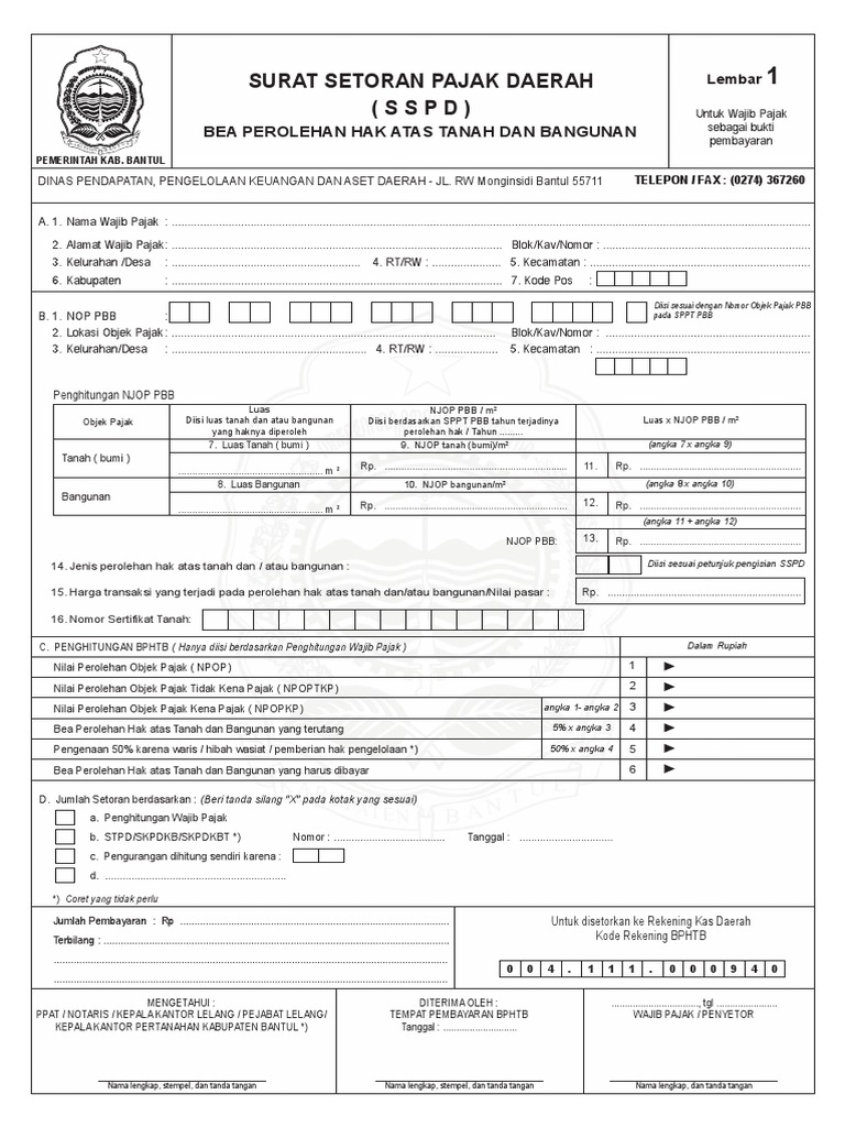 Surat Setoran Pajak Daerah (SSPD) : Bea Perolehan Hak Atas Tanah Dan ...