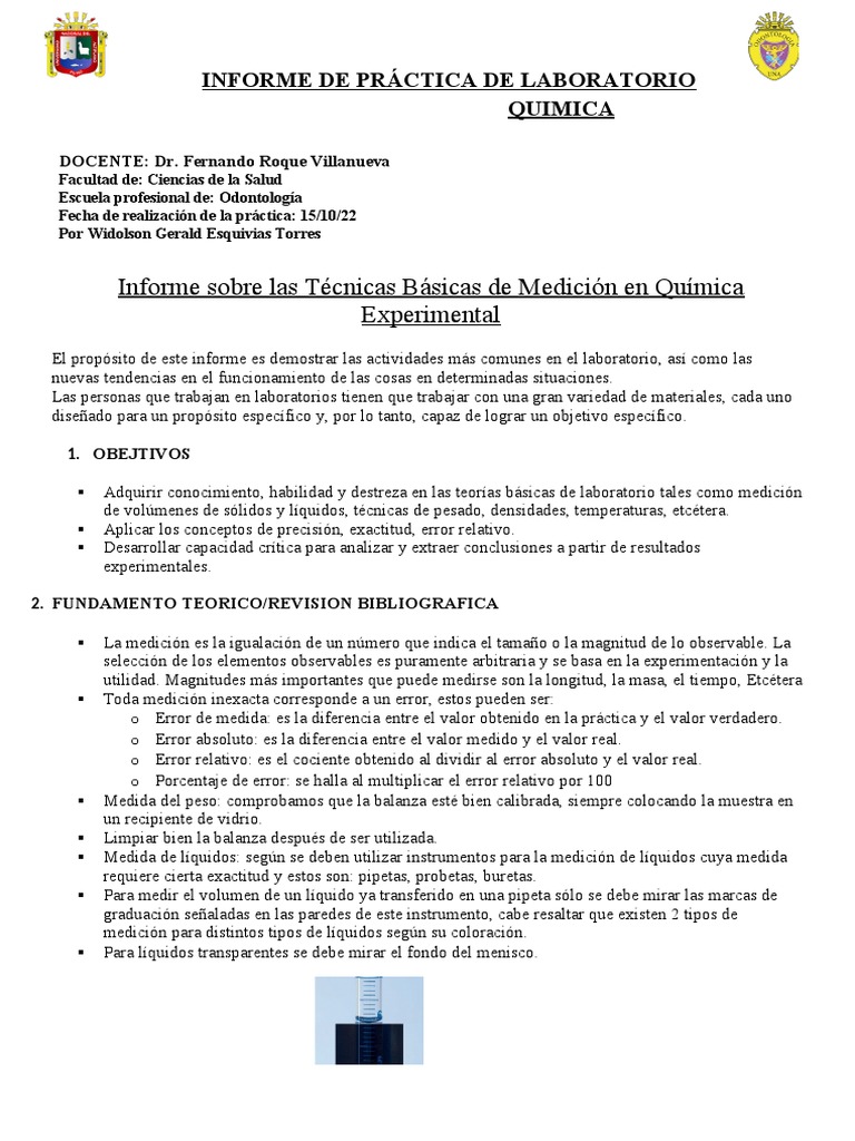 Informe de Laboratorio de Quimica | PDF | Medición | Laboratorios