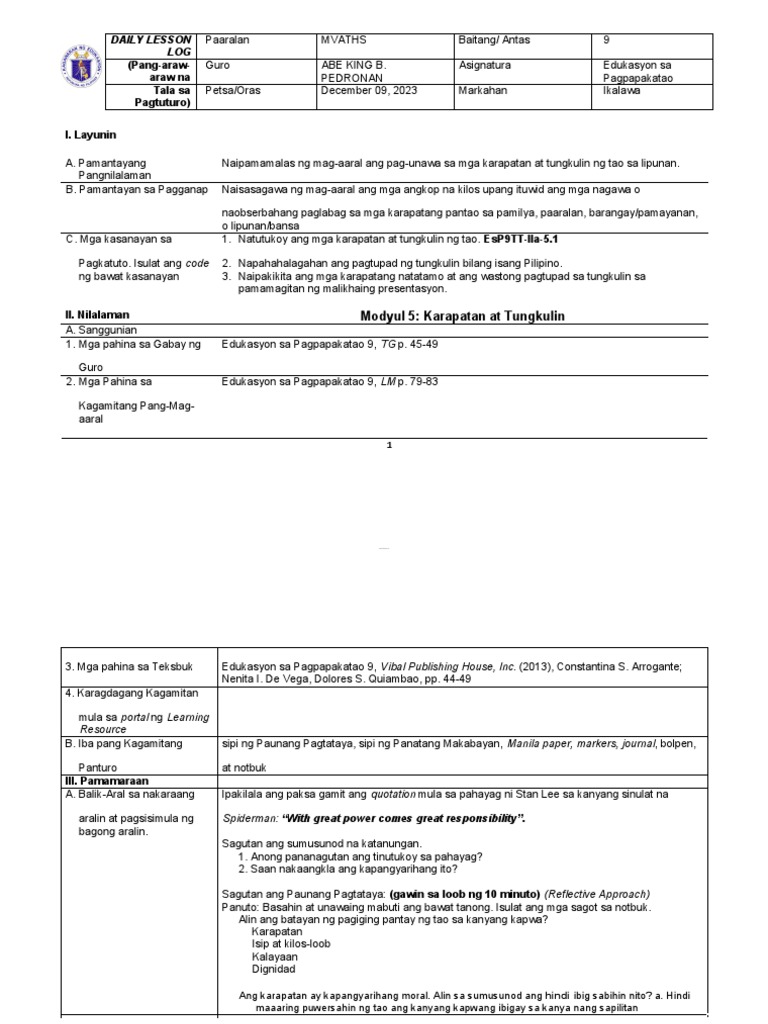 Es-P-Dll-9-Mod5-Katarapatan-At-Tungkulin Final | PDF