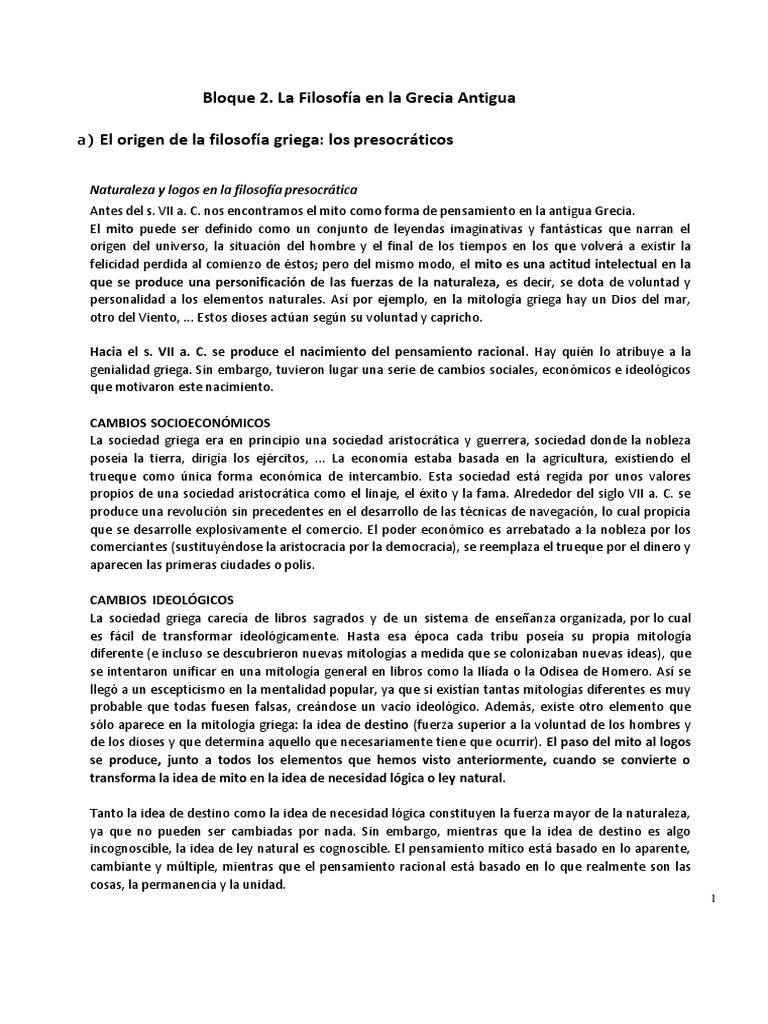 2a Bloque 2 A) El Origen de La Filosofía Griega. Los Presocráticos | PDF | Filosofía griega ...