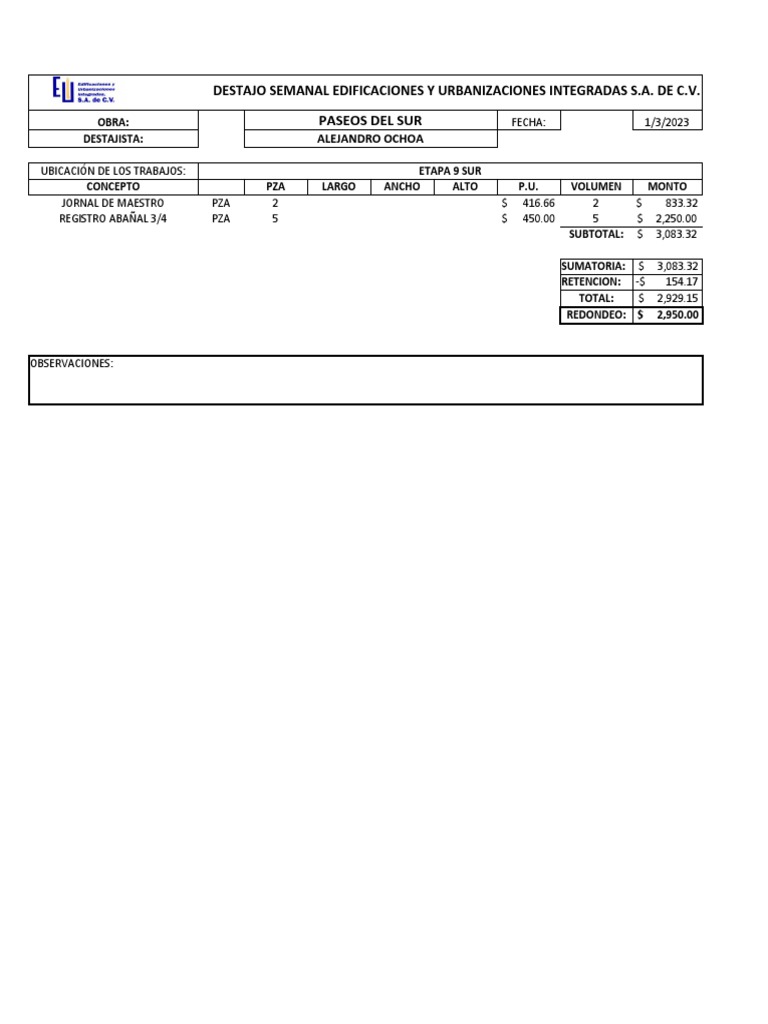 Formato de Destajo | PDF | Ingeniería Química | edificio