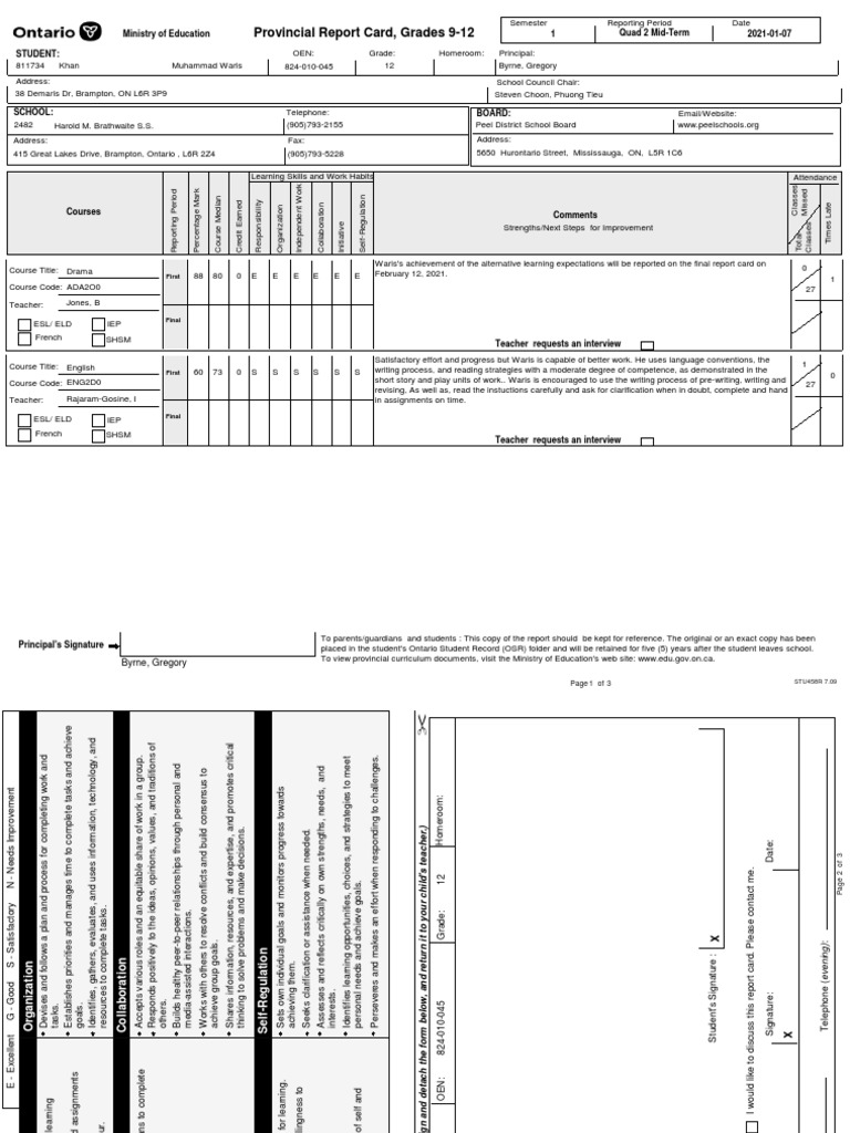 Provincial Report Card, Grades 9-12: 1 2021-01-07 Quad 2 Mid-Term ...