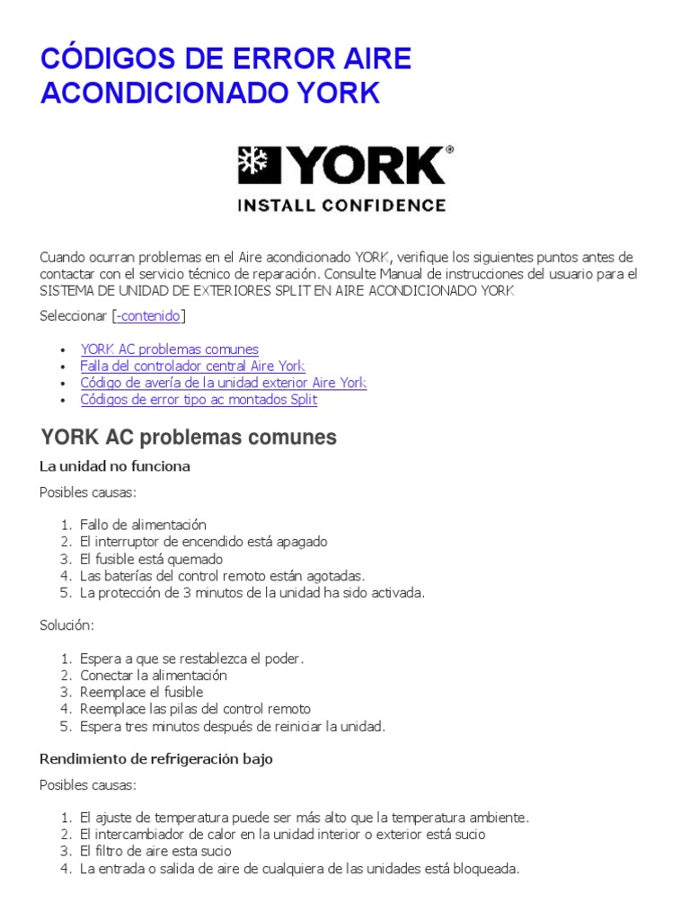 Códigos de Error Aire Acondicionado York | PDF | Aire acondicionado | Tecnologías de gas