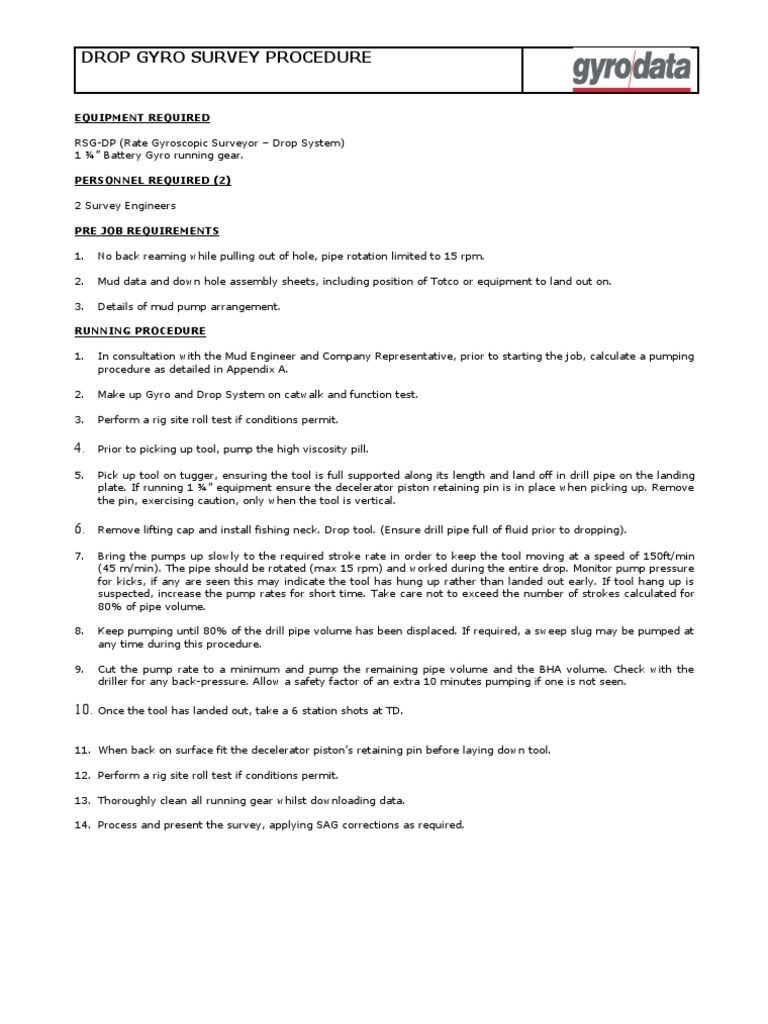 Drop Gyro Survey Procedure Guide | PDF | Drilling Rig | Pump