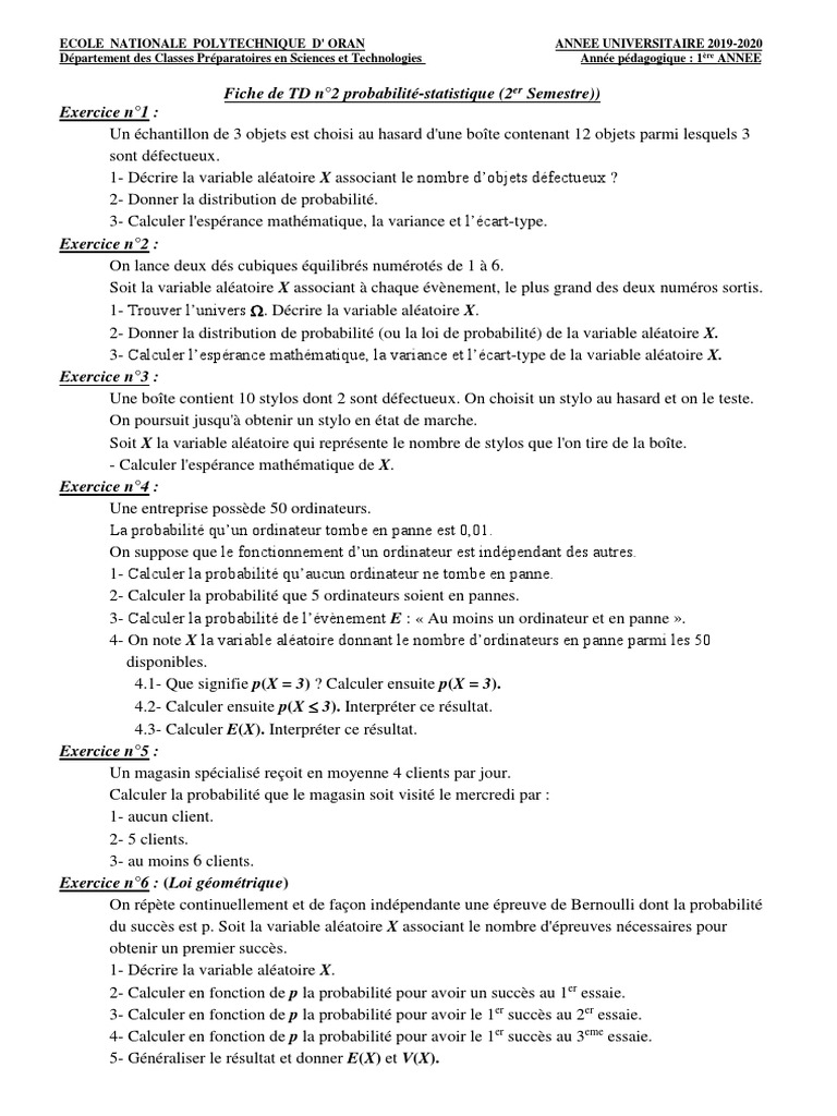 Fiche TD 2 S2 | PDF | Probabilité | Loi de probabilité