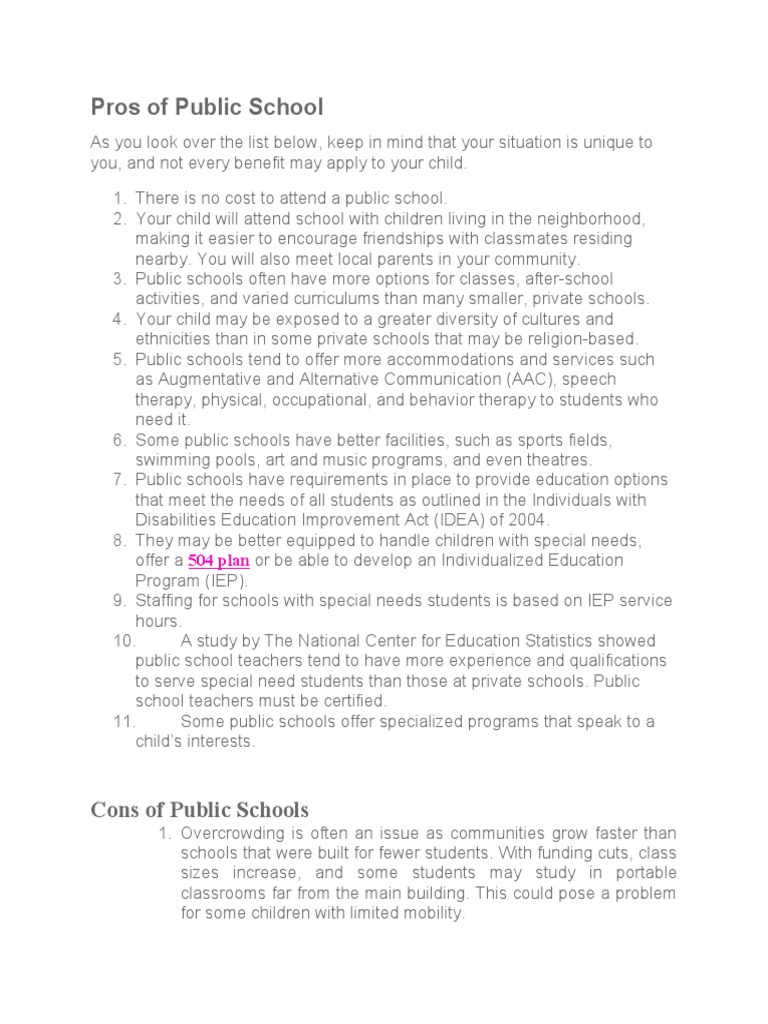 Pros and Cons of Public School and Home School | PDF | Homeschooling ...