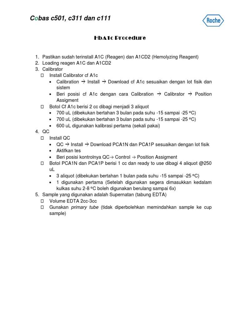 Prosedur Pemeriksaan HbA1c Menggunakan Alat Cobas C111 | PDF