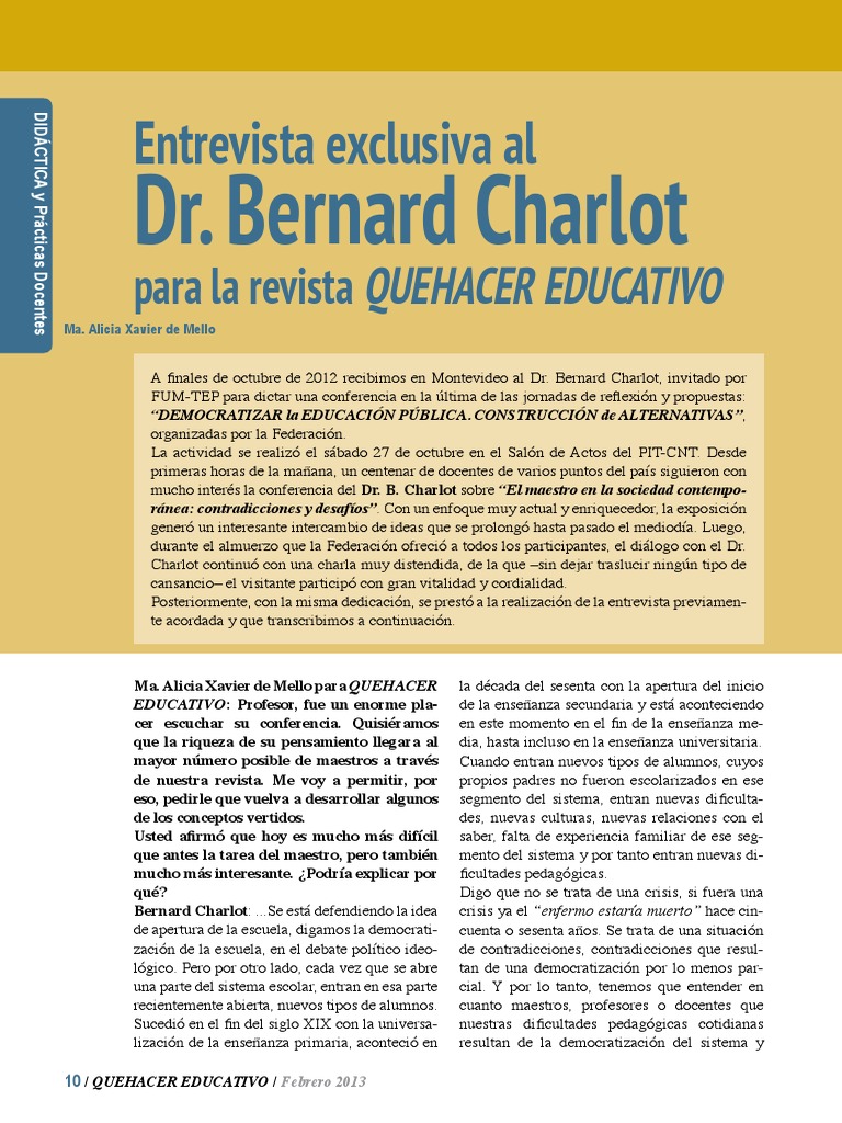 Entrevista Exclusiva A Bernard Charlot | PDF | Método de enseñanza | Maestros