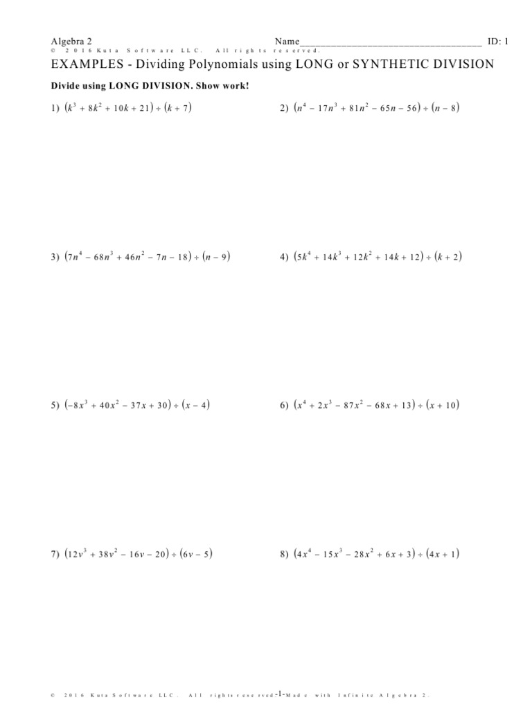 EXAMPLES Dividing Polynomials Using LONG or SYNTHETIC DIVISION 2al37ao | Download Free PDF ...