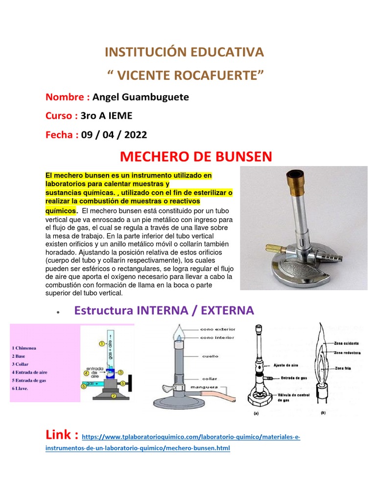 Partes y funciones del mechero Bunsen | PDF | Hogar, jardinería y bricolaje