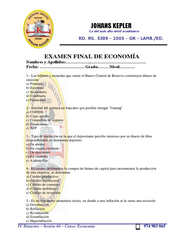 EXAMEN FINAL DE ECONOMIA - 3ER GRADO DE SECUNDARIA- | PDF | Tipo de cambio | Dinero