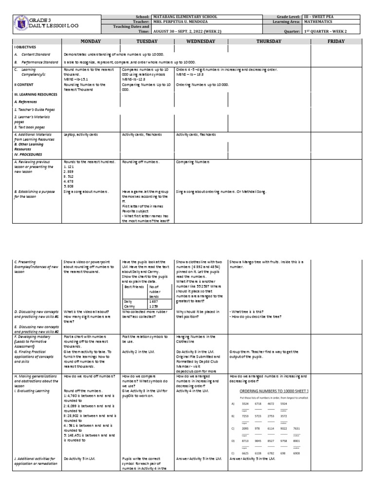 DLL - Mathematics 3 - Q1 - W2 | PDF | Learning | Teachers