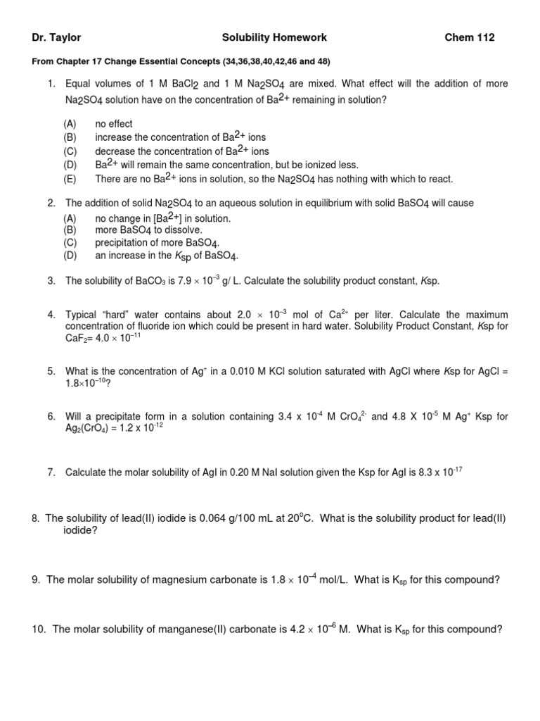 Solubility Equilibrium Homework | PDF | Precipitation (Chemistry ...
