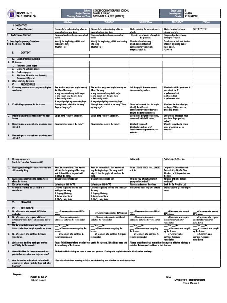 DLL - Mapeh 3 - Q2 - W5 | PDF | Learning | Teachers