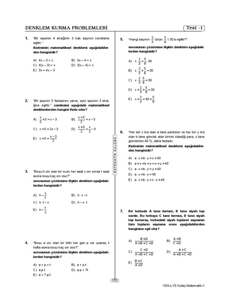 Denklem Kurma Problemler Test 1 | PDF