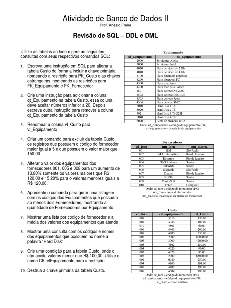 Revisao Equipa New | PDF | SQL | Tabela (banco de dados)