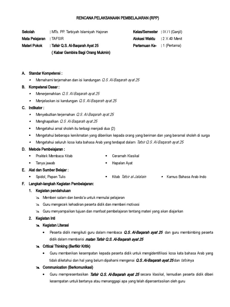 RPP Tafsir KLS 9 | PDF