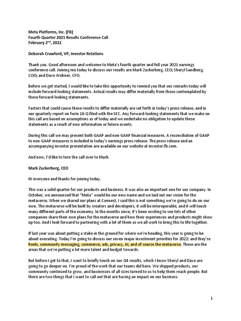 Meta Q4 2021 Earnings Call Transcript | PDF | Virtual Reality | Instant ...