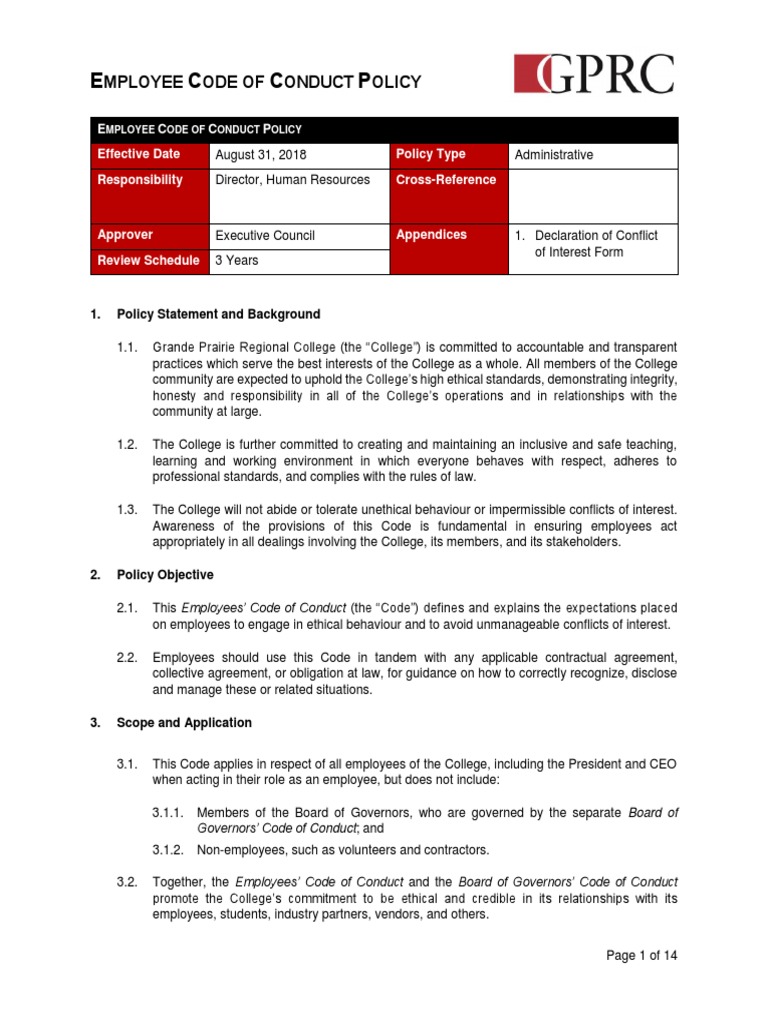 Employee Code of Conduct Policy | PDF | Employment | Conflict Of Interest