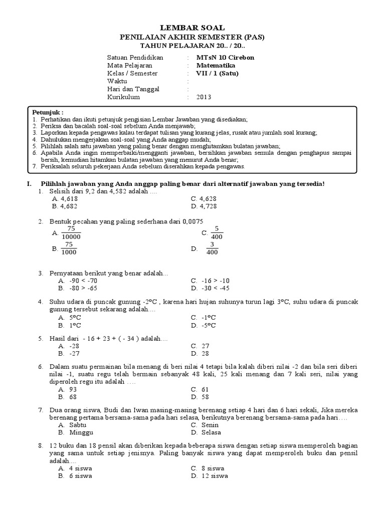 Soal PAS MTK Kelas 7 K13 | PDF