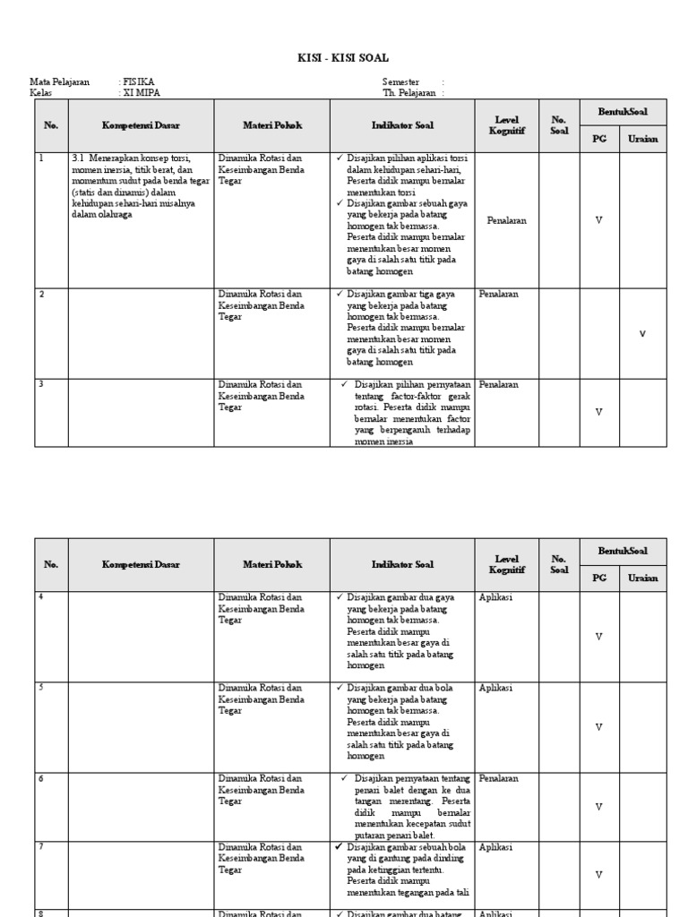 Kisi-Kisi Soal Fisika Xi A | PDF