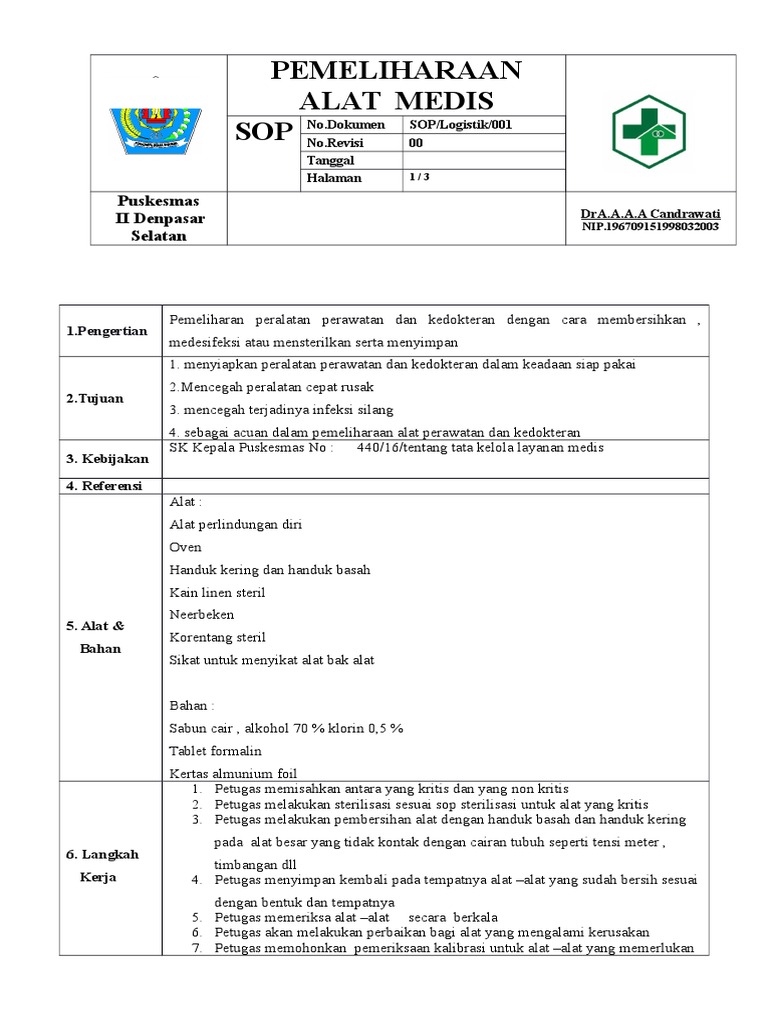 SOP Pemeliharaan Alat Medis | PDF