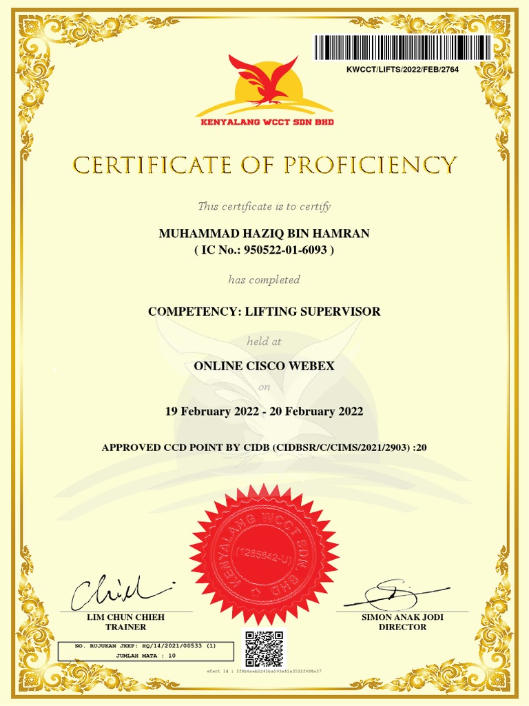 Lifting Supervisor Proficiency Certificate | PDF | Finance & Money ...