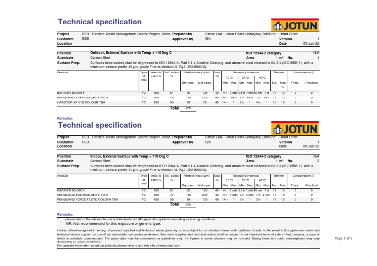 Jotun Paints Technical Specification 2024 | PDF | Paint | Materials