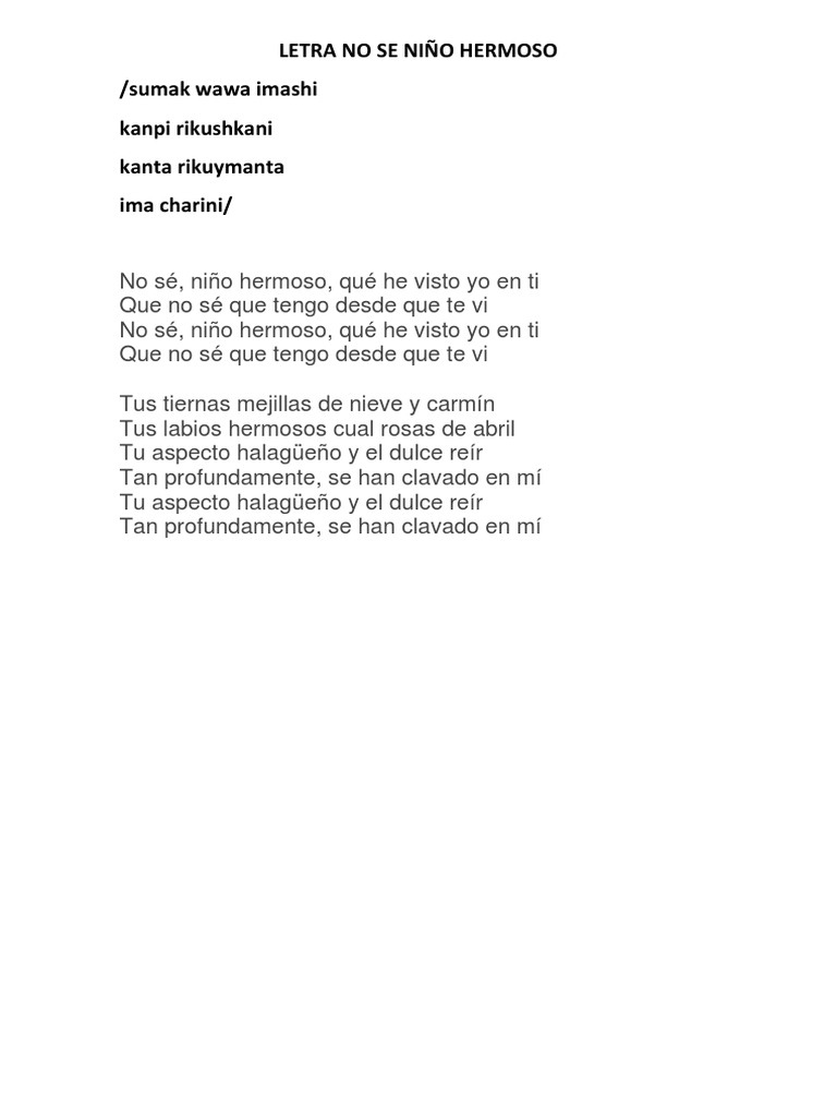 Letra del Villancico "No Sé Niño Hermoso" | PDF