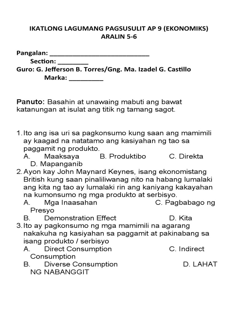 Ikatlong Lagumang Pagsusulit AP 9 | PDF