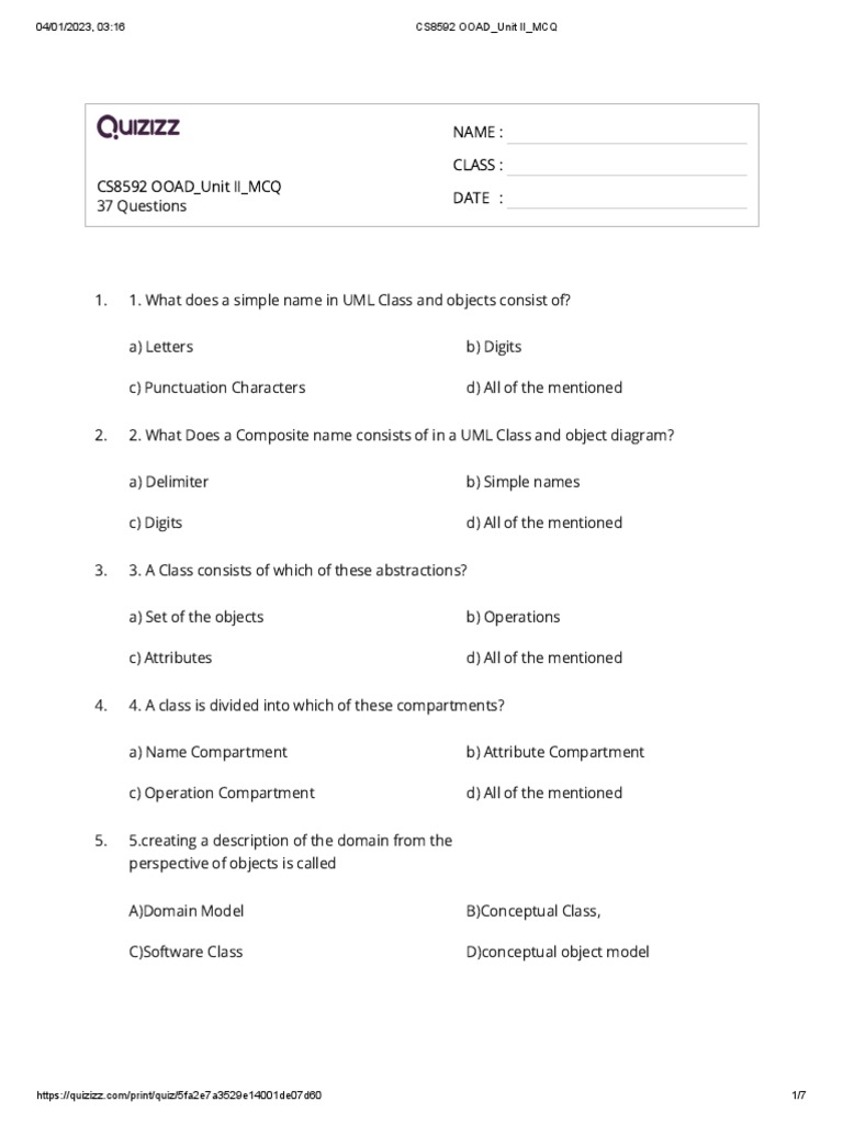 Cs8592 Ooad Unit Ii Mcq Pdf Conceptual Model Inheritance Object