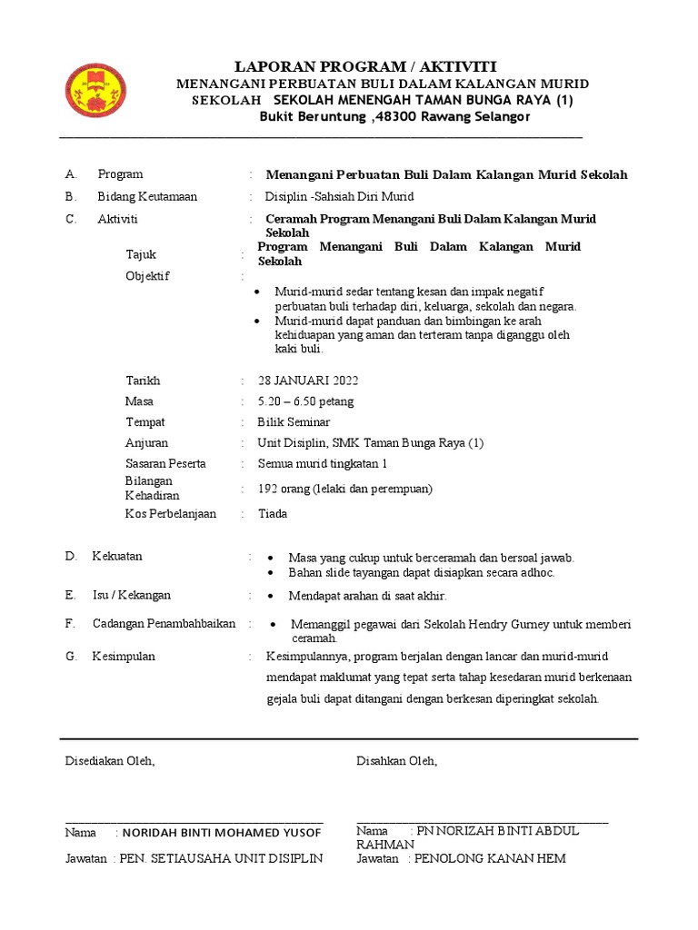 Laporan Aktiviti Program Buli 2022 | PDF