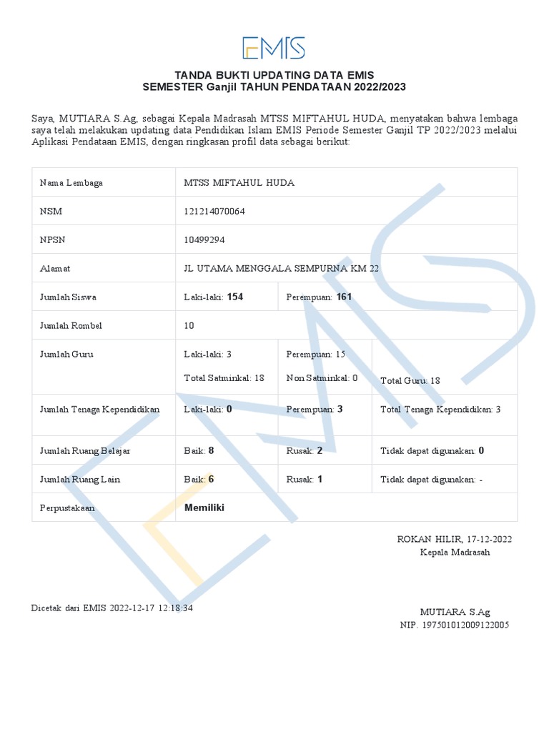 Tanda Bukti Updating Data Emis SEMESTER Ganjil TAHUN PENDATAAN 2022/2023 | PDF