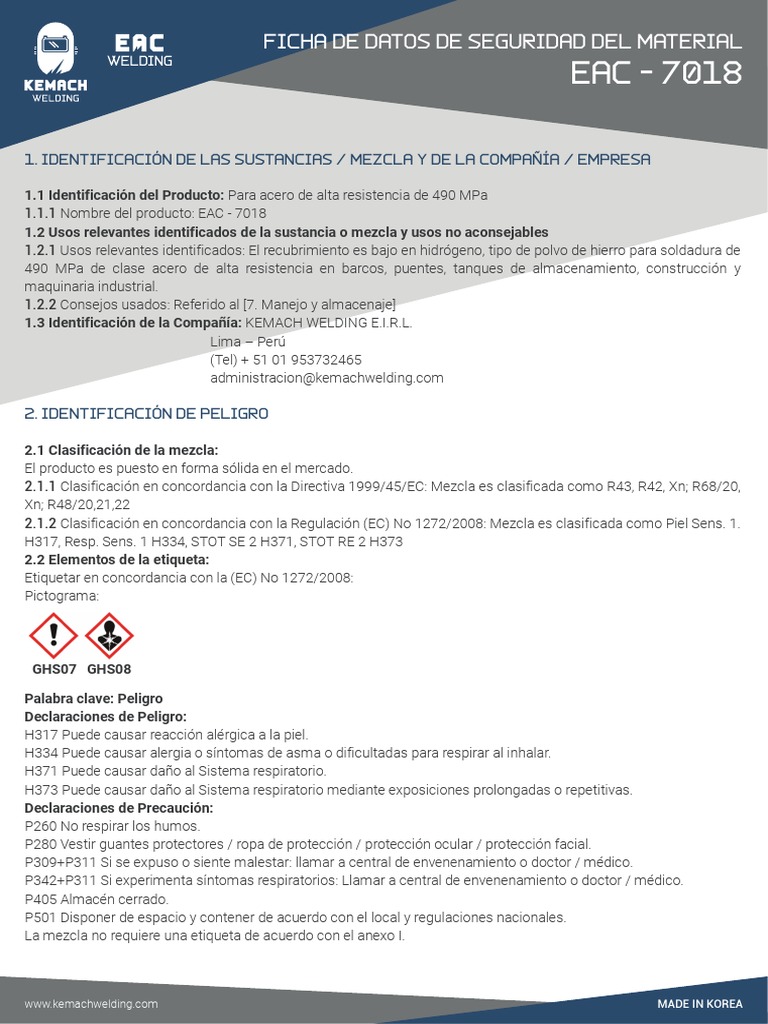 MSDS - Eac-7018 | Descargar gratis PDF | Soldadura | Construcción