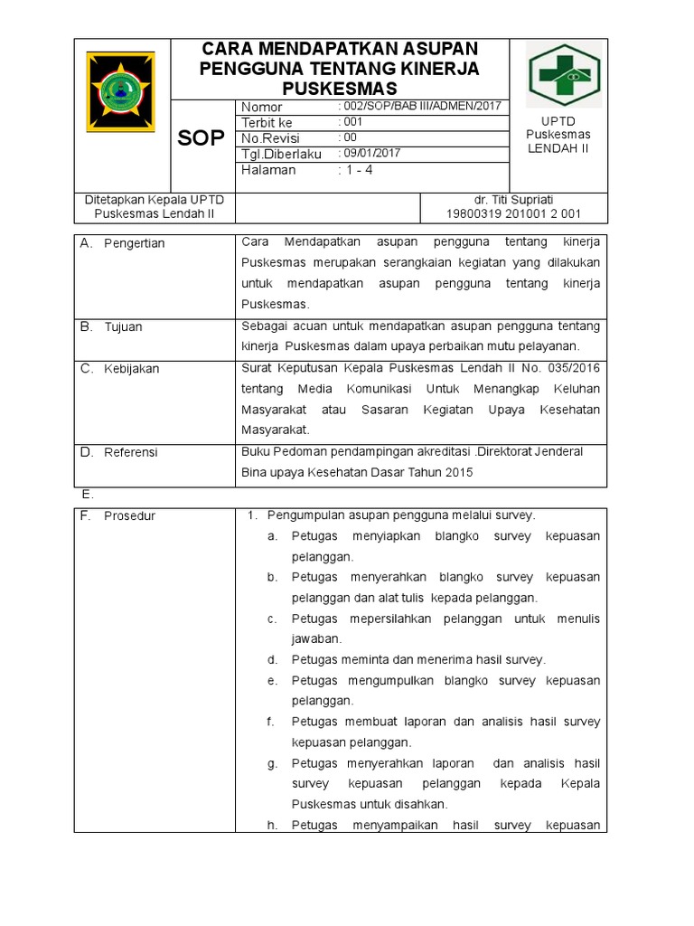 Sop Cara Mendapatkan Asupan Pengguna Tentang Kinerja Puskesmas | PDF