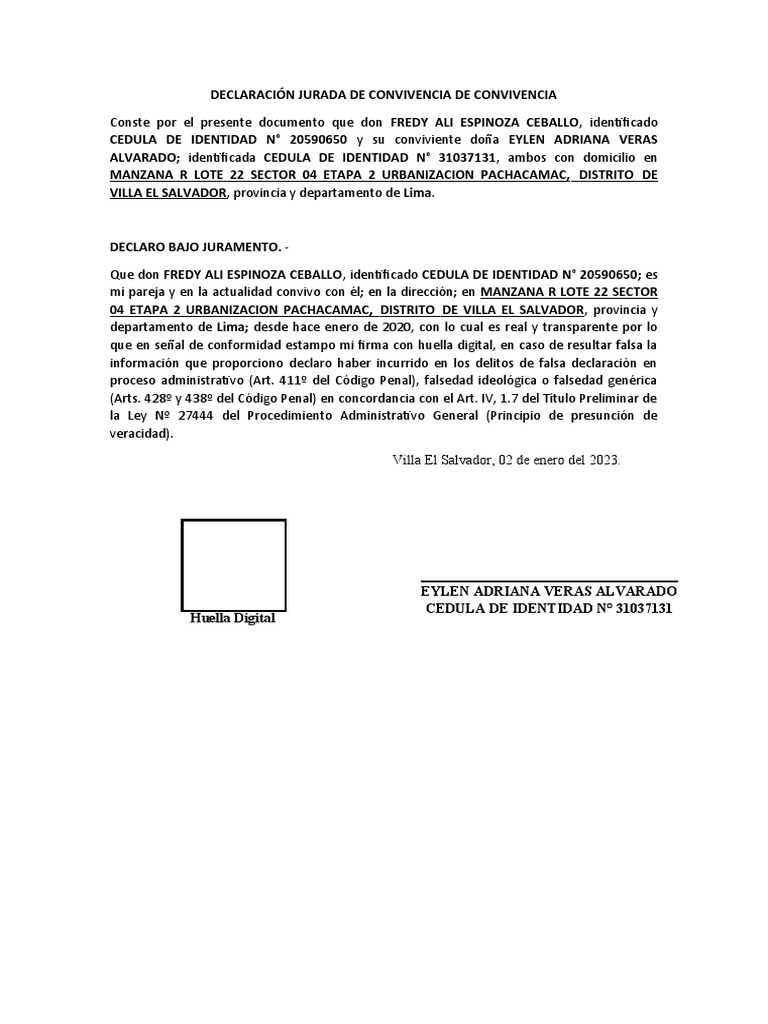Declaración Jurada De Convivencia De Convivencia Pdf 7284