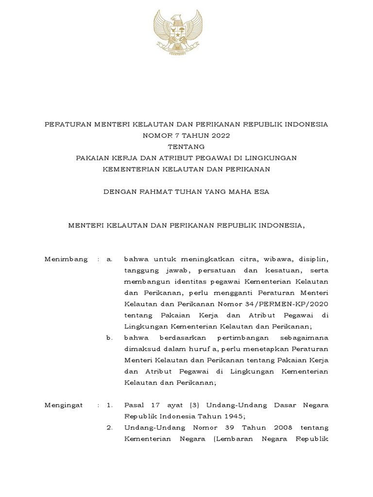 Permen Kp No 7 Tahun 2022 Seragam Kkp Pdf
