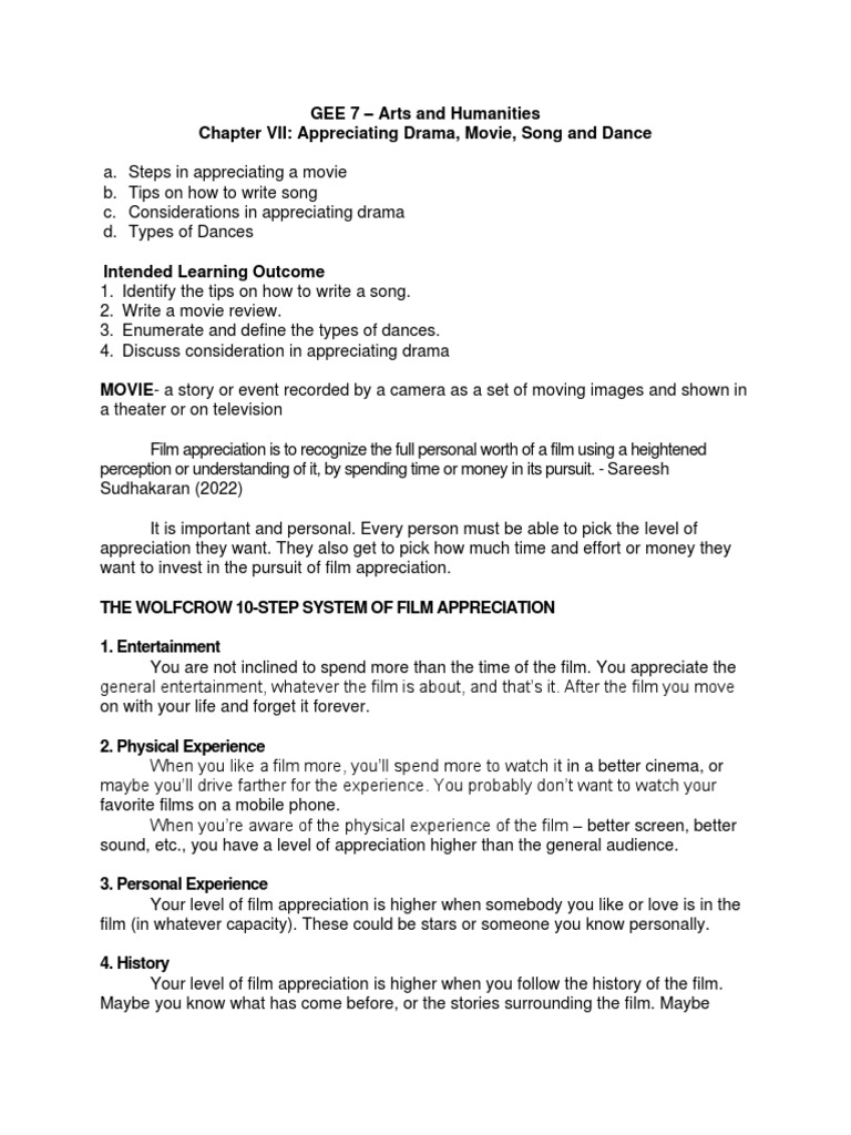 GEE 7 - Chapter 7 - Appreciating Drama, Movie, Song and Dance | PDF | Song Structure | Plot ...