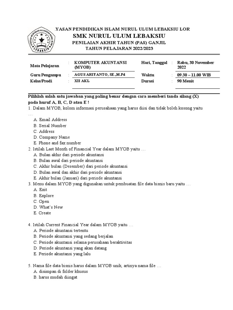 Soal Pas Komputer Akuntansi Xii Akl | PDF