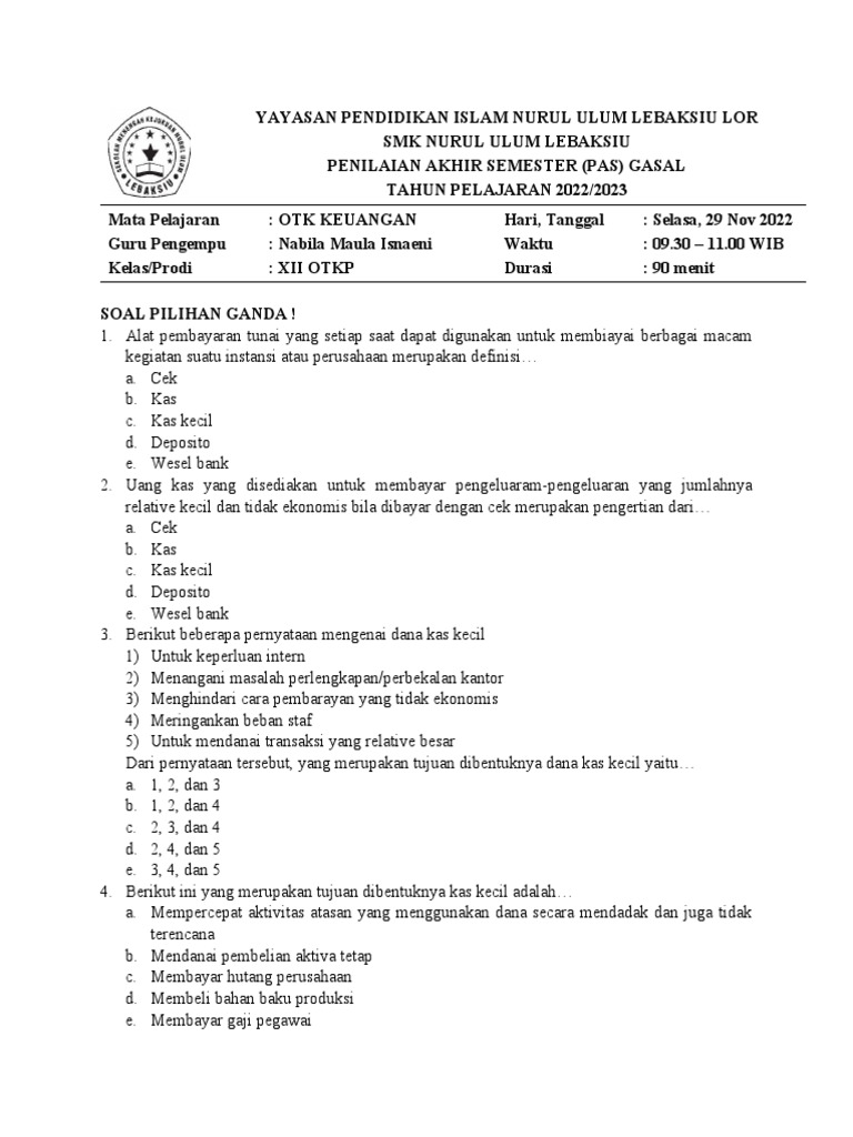 Soal Otk Keuangan Kelas Xii Otkp | PDF Soal Otk Keuangan Kelas Xii Otkp | PDF