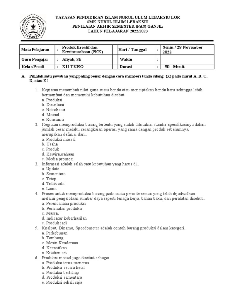 Xi, Soal PKK Pas Ganjil 22-23 | PDF
