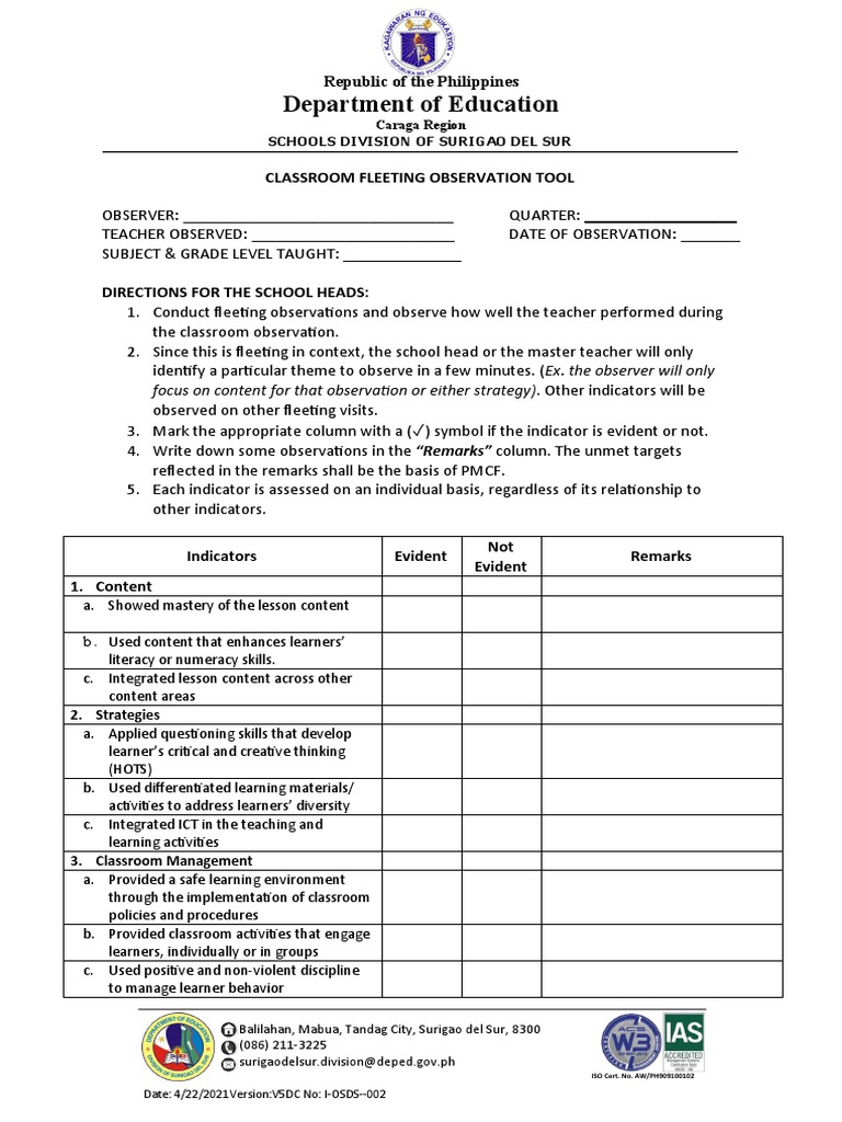 Classroom Observation Guide | PDF | Learning | Educational Assessment