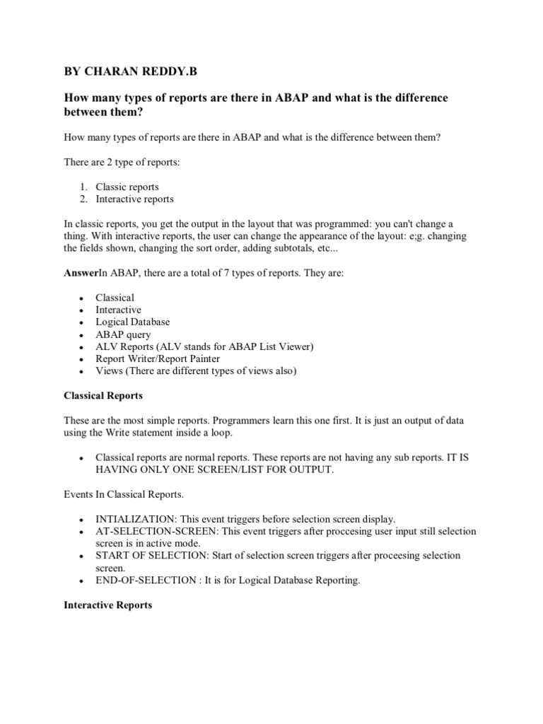 In Abap There Are A Tota Of 7 Types Of Reports They Are Pdf Subroutine Databases