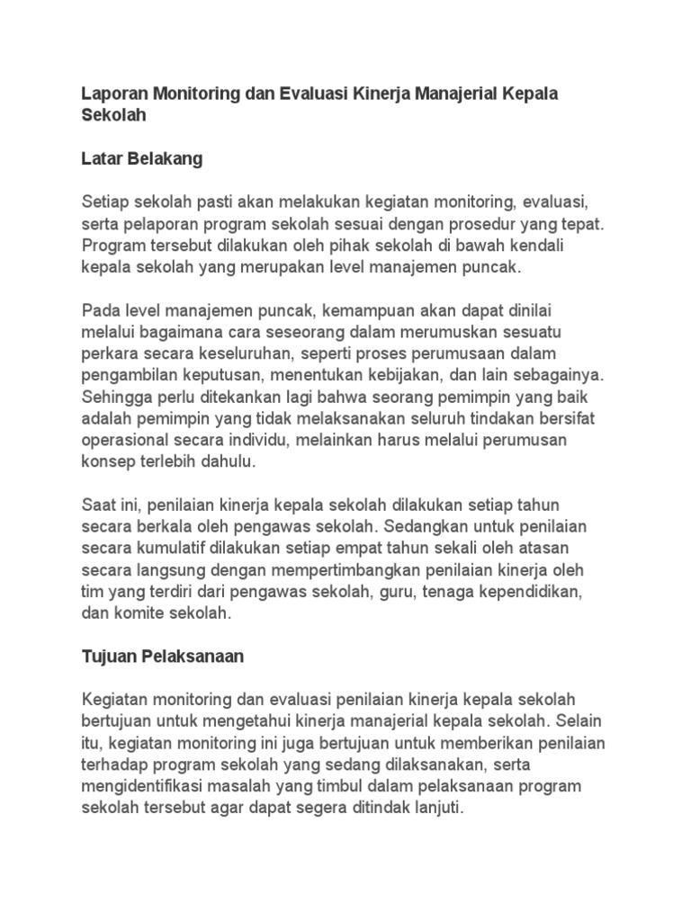 Contoh Laporan Monitoring Dan Evaluasi Kinerja Manajerial Kepala Sekolah | PDF