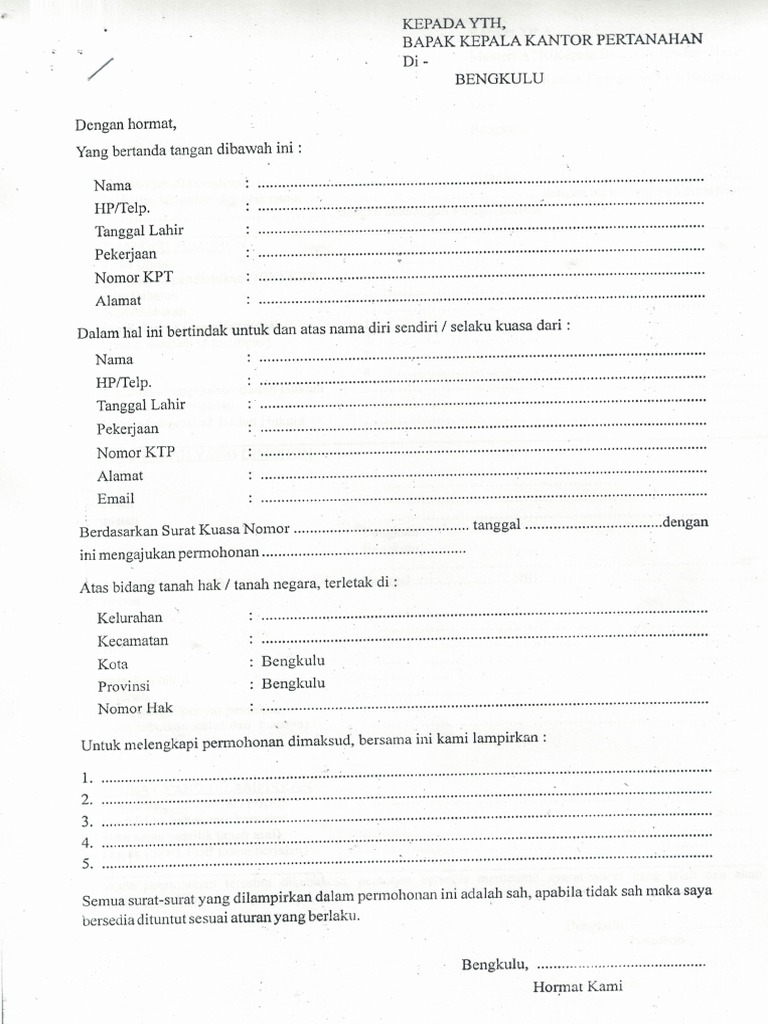 Surat Permohonan Atr BPN Kota Bengkulu | PDF Surat Permohonan Atr BPN Kota Bengkulu | PDF