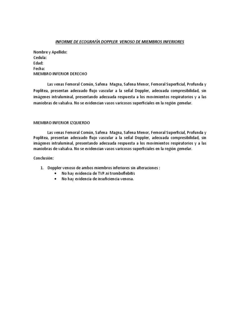 Informe De Ecografía Doppler Venoso De Miembros Inferiores Pdf