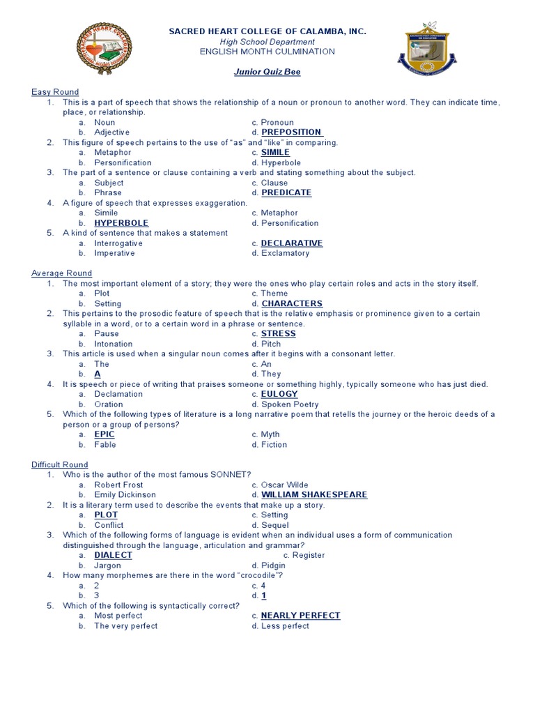 Junior Quiz Bee | PDF | Sentence (Linguistics) | Noun