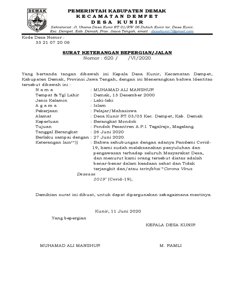 Surat Keterangan Bepergian Desa Kunir | PDF