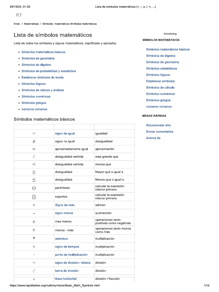 001 - PDF - Tabla de Simbolos Matematicos | PDF